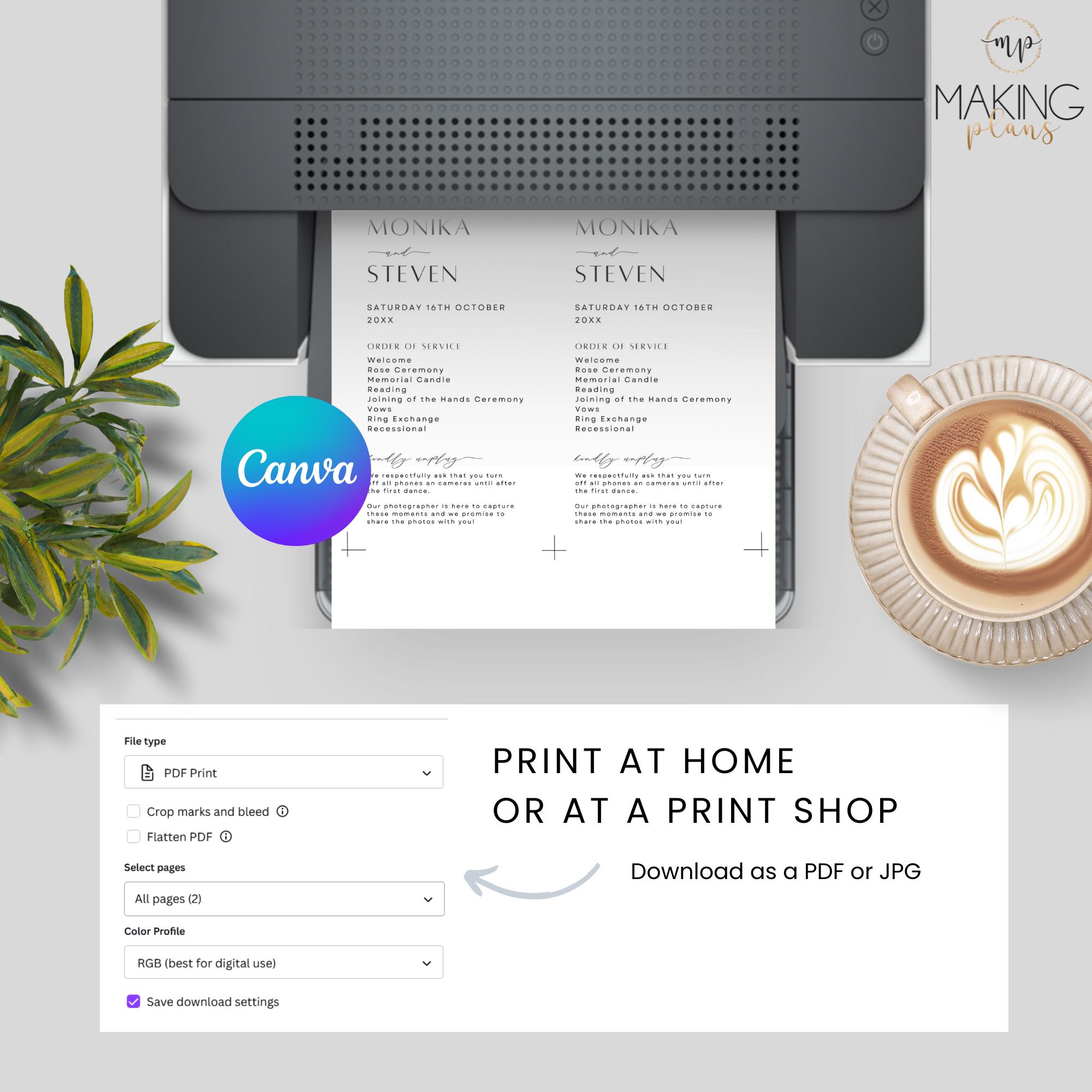 Minimalist Wedding Program Template Slim Order of Service Printable ...