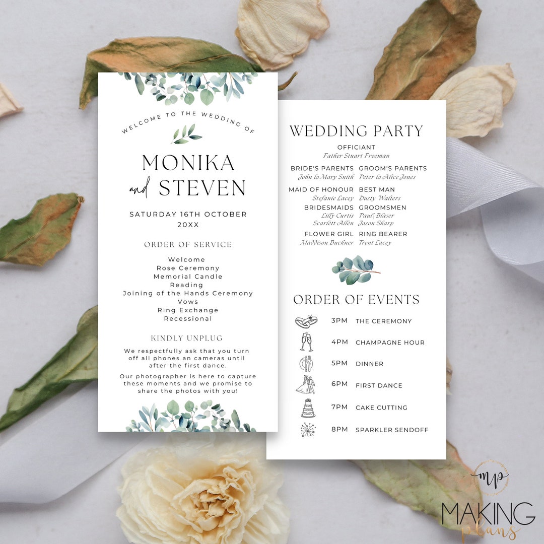Eucalyptus Wedding Program Template, Slim Order of Service, Printable ...