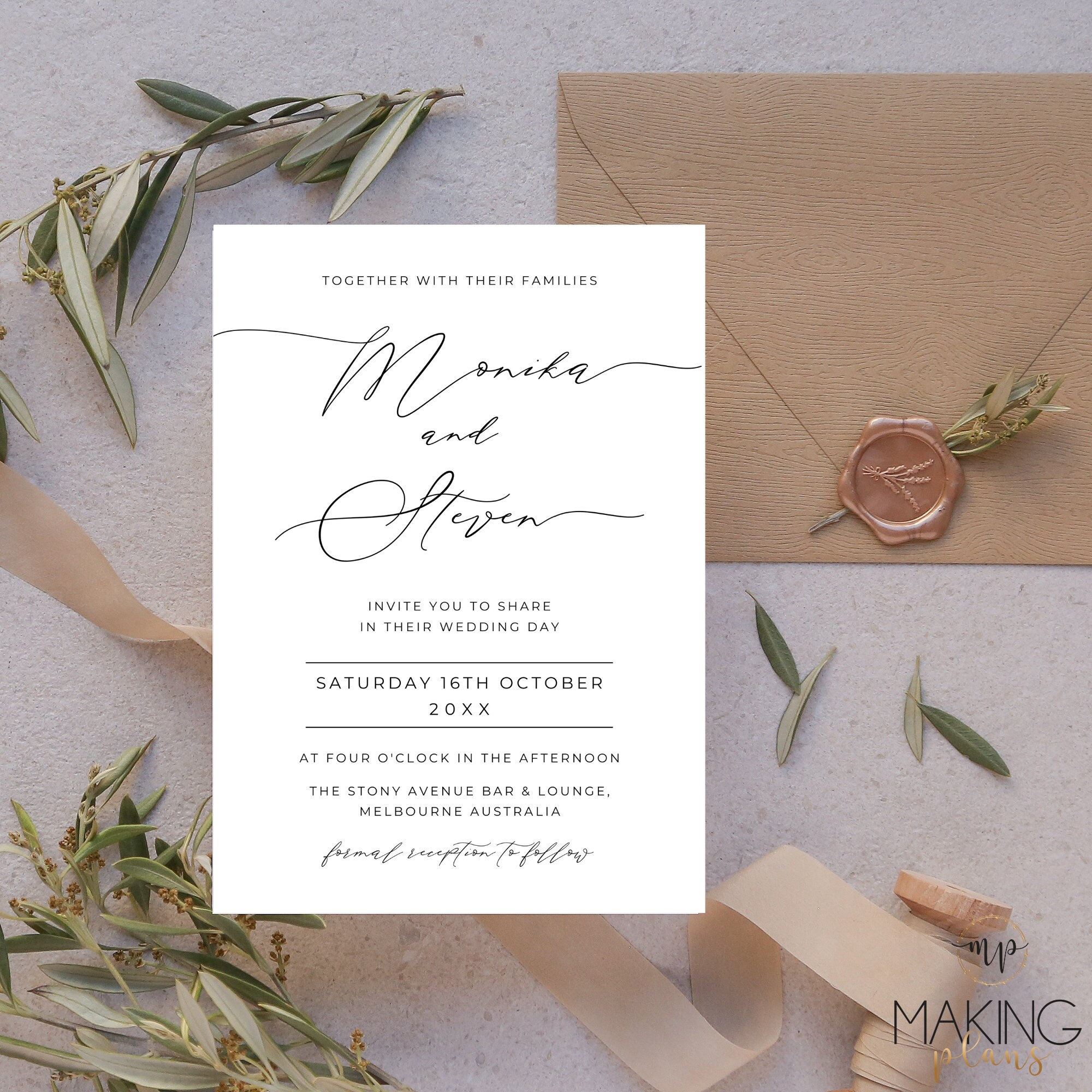 Modern Script Wedding Invitation Calligraphy Wedding Invitation ...