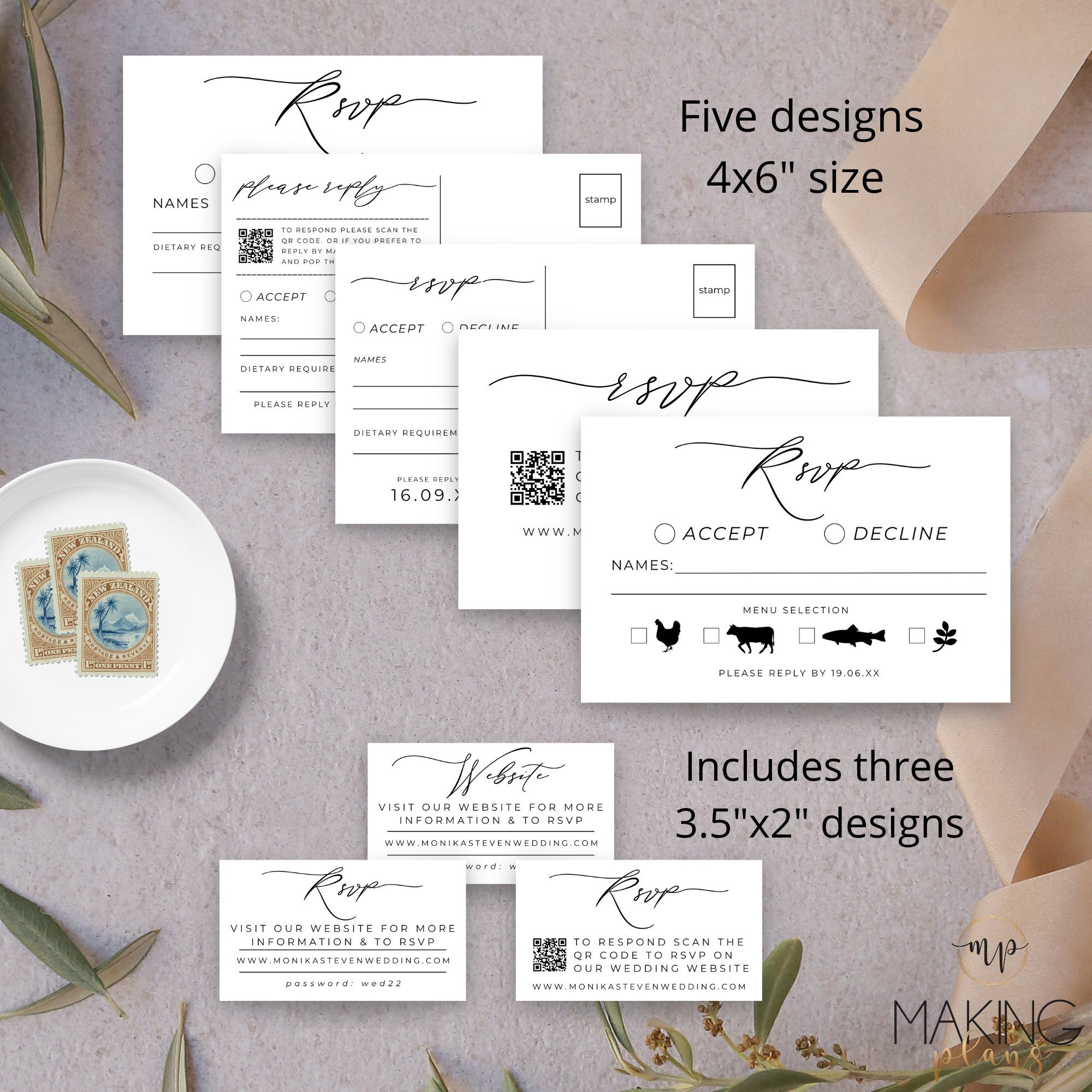 Modern RSVP Card With Meal Option, QR Code Wedding Response, Minimalist ...