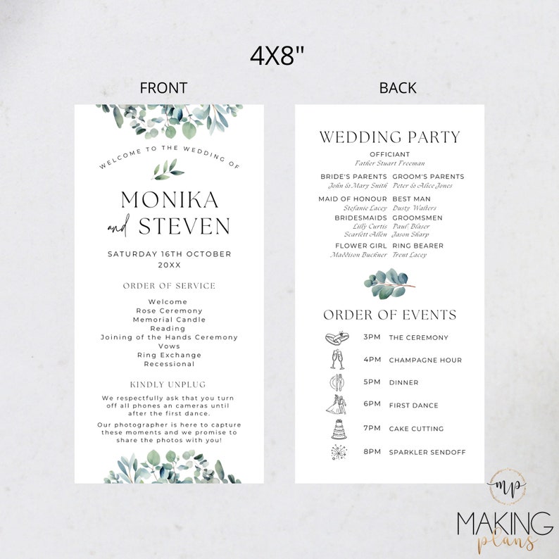 Eucalyptus Wedding Program Template Slim Order of Service - Etsy
