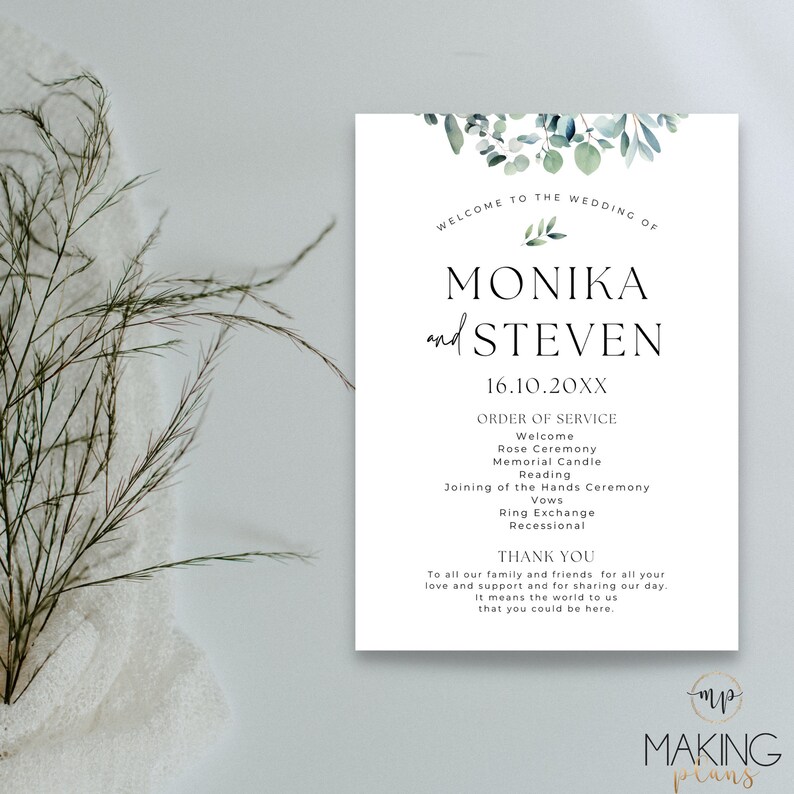 Church Ceremony Program Eucalyptus Wedding Program DIY - Etsy