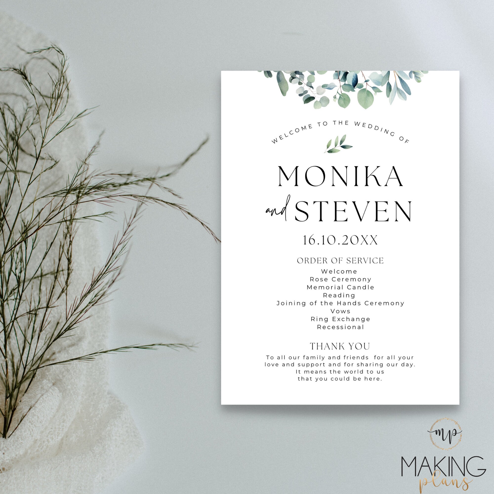 Church Ceremony Program Eucalyptus Wedding Program DIY - Etsy