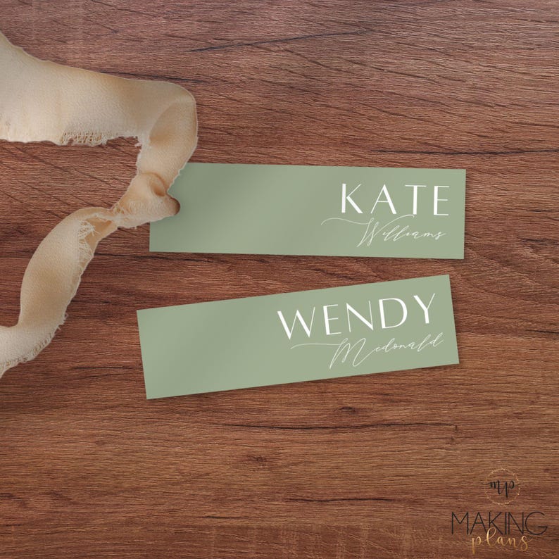 Sage Green Slim Wedding Place Cards Skinny Guest Name Tags Minimalist ...