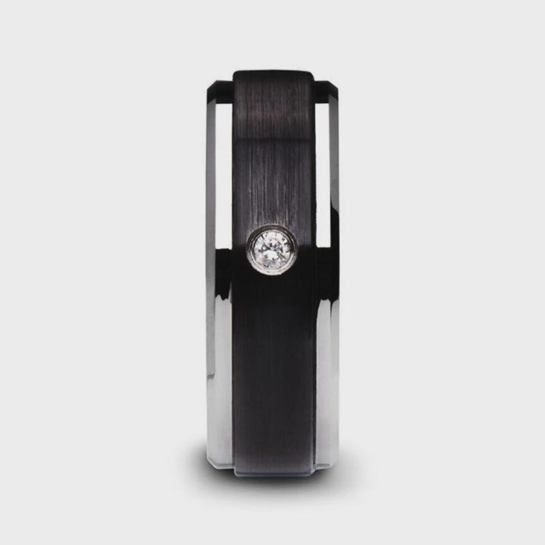 Black Ceramic Wedding Band With Diamond, Polished Beveled Step Edges ...
