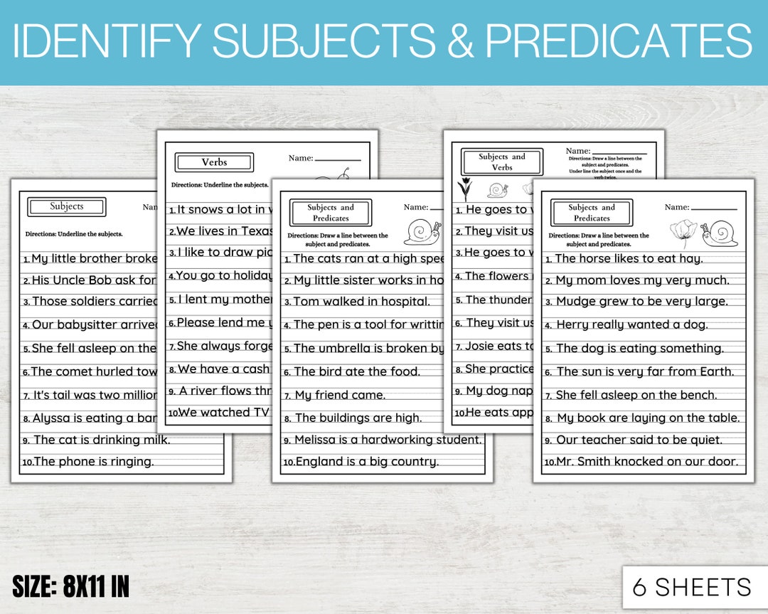 Identify Subject, Predicates, and Verbs in a Sentence Worksheets, 1st ...