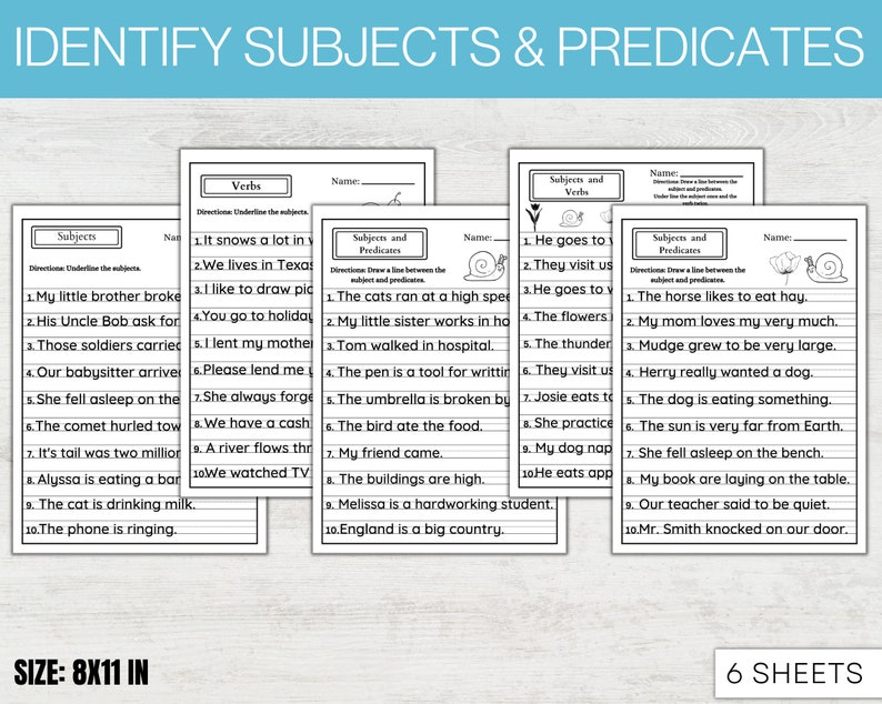 Identify Subject, Predicates, and Verbs in a Sentence Worksheets, 1st ...