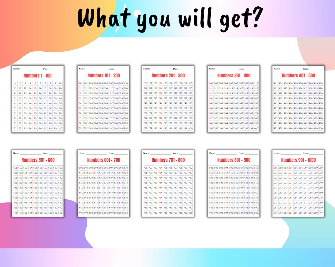 10 Printable Number Charts, Wall Charts, Hundreds Chart, Numbers 1-1000 ...