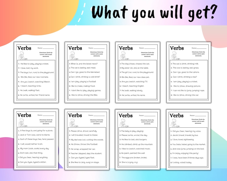 8 Printable Choose the Correct Verb Worksheets. Preschool, Kindergarten ...