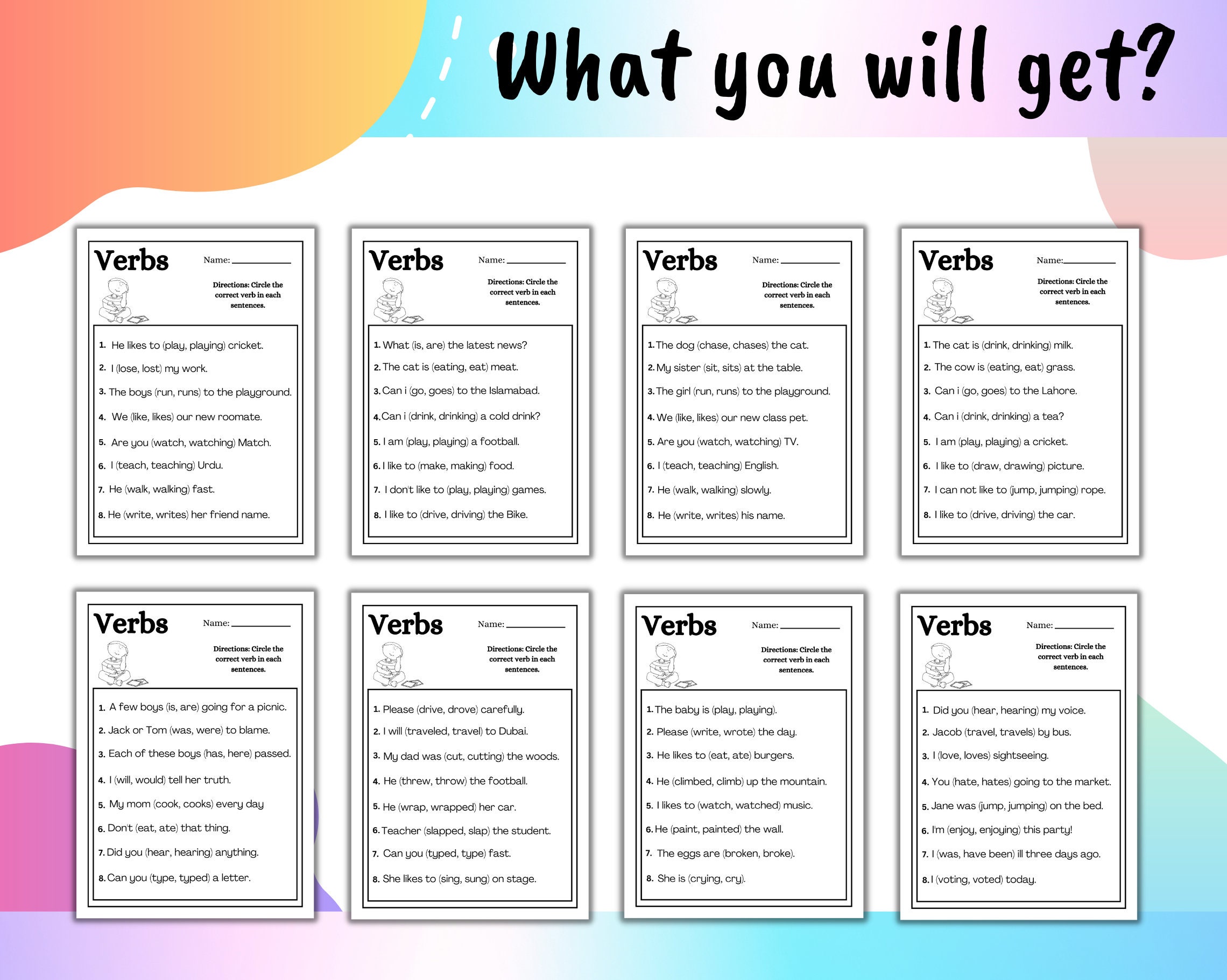 8 Printable Choose the Correct Verb Worksheets. Preschool, Kindergarten ...