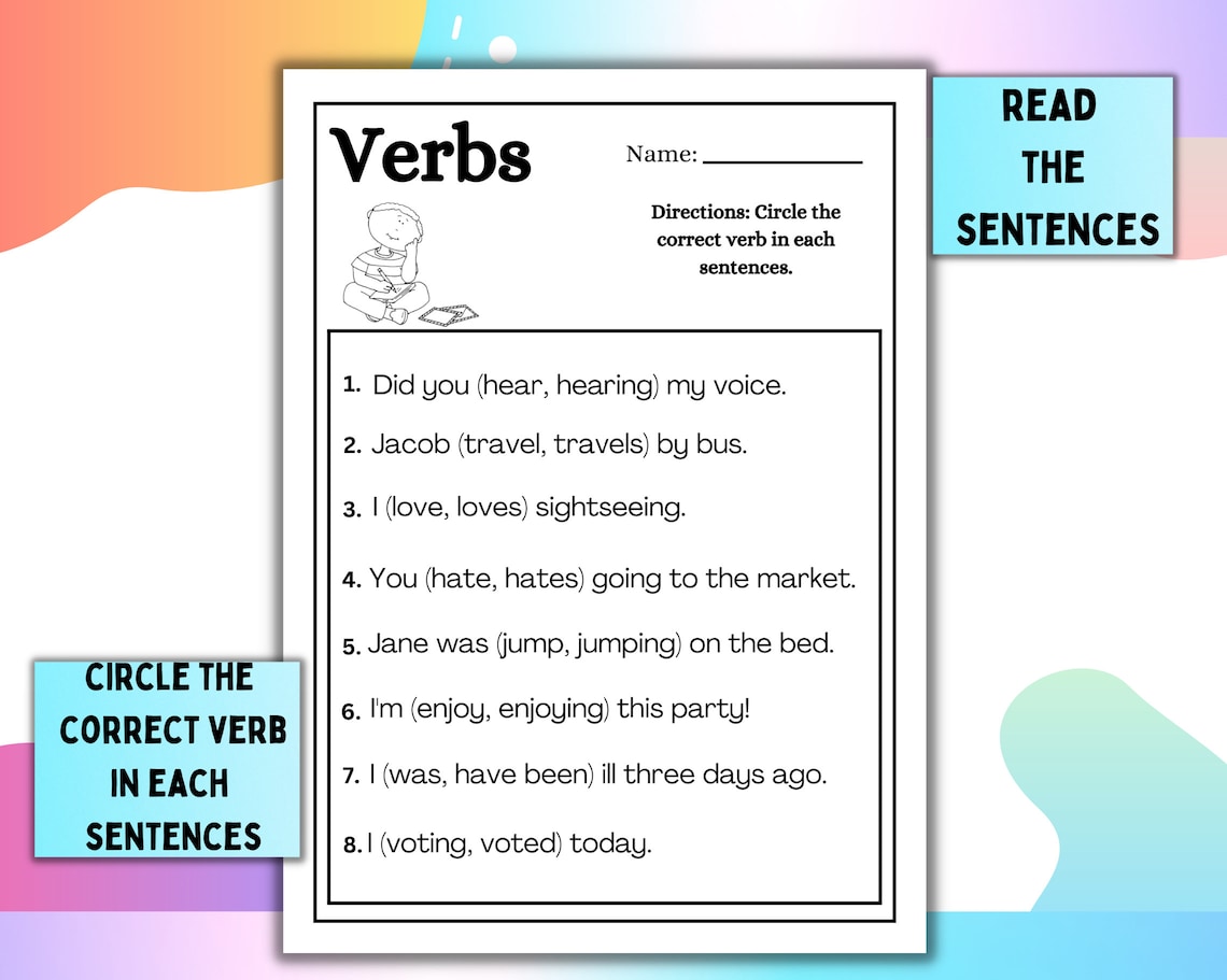 8 Printable Choose the Correct Verb Worksheets. Preschool, Kindergarten ...