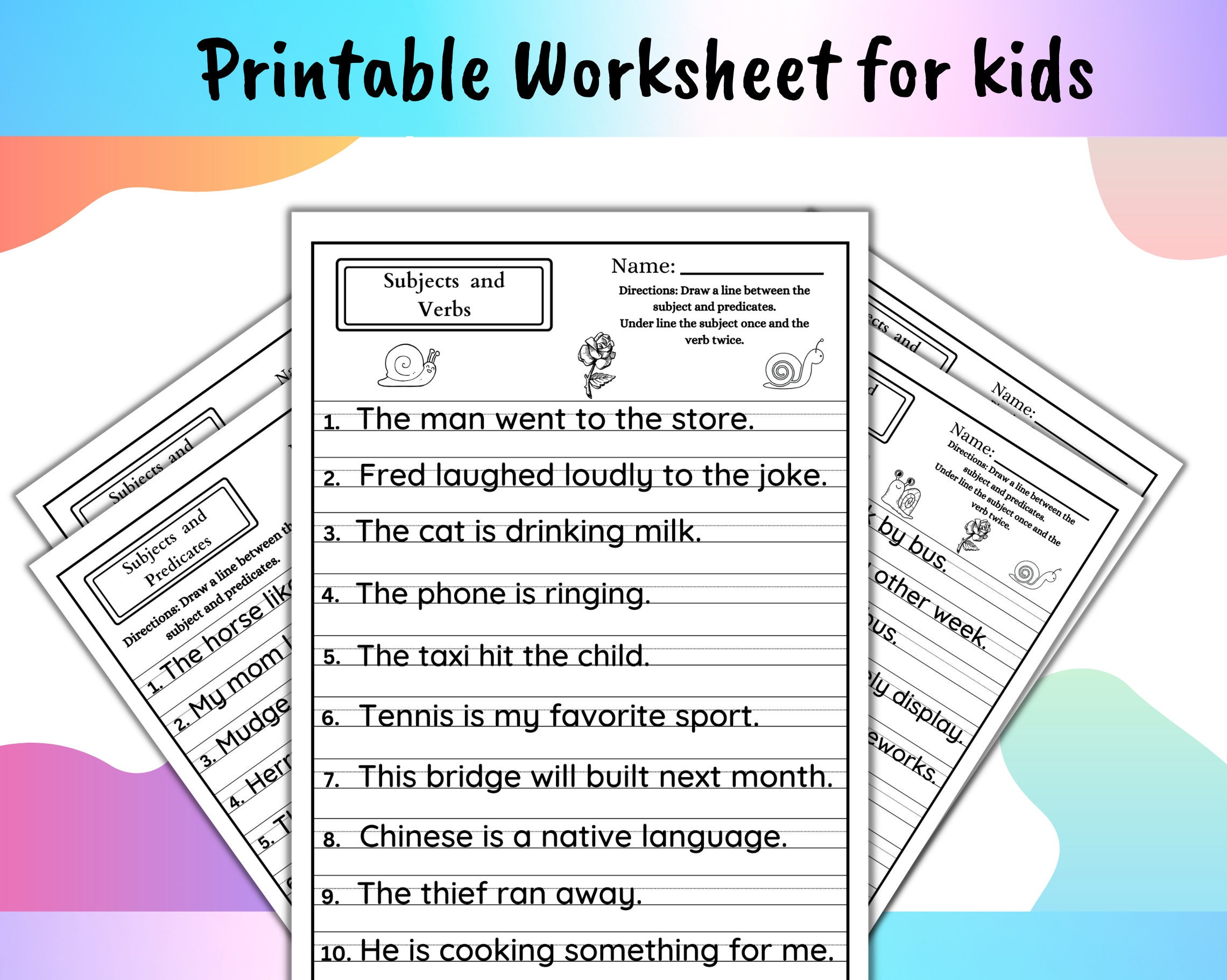Identify Subject, Predicates, and Verbs in a Sentence Worksheets, 1st ...
