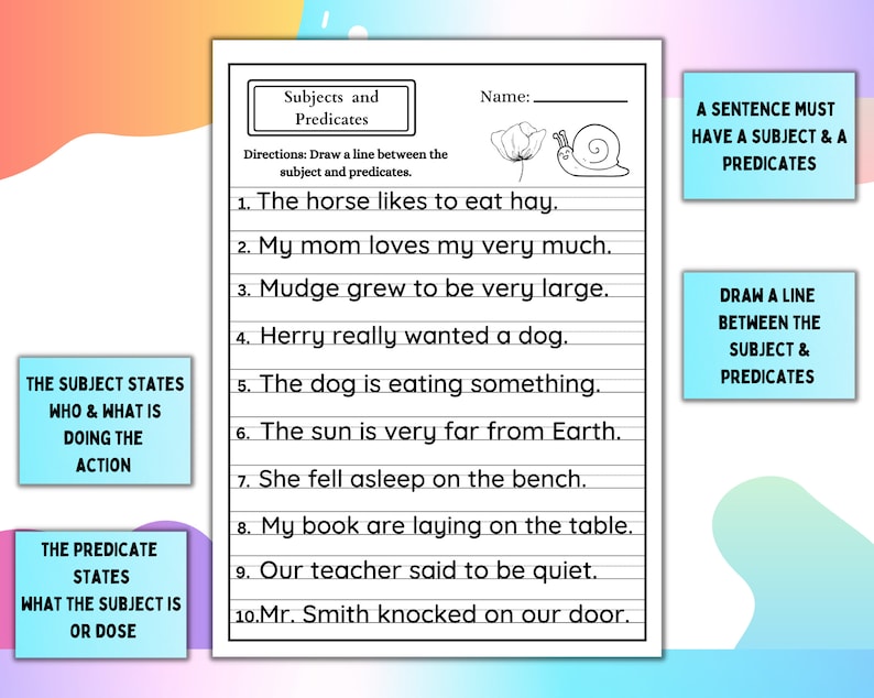 Identify Subject, Predicates, and Verbs in a Sentence Worksheets, 1st ...