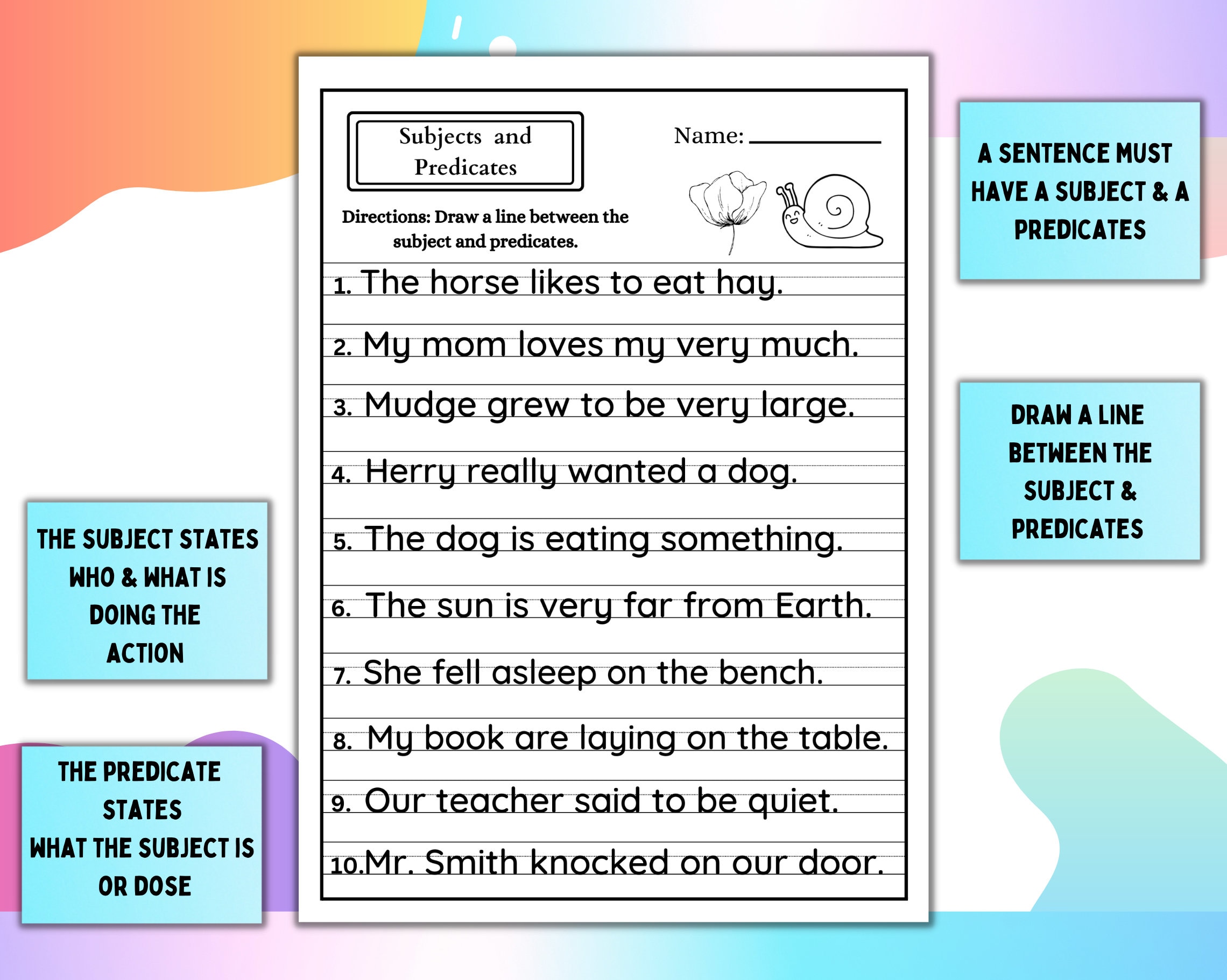 Identify Subject, Predicates, and Verbs in a Sentence Worksheets, 1st ...