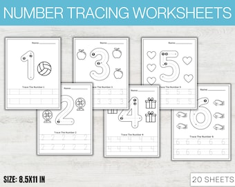 20 Number Tracing Worksheets, Traceable Numbers, Preschool Worksheets ...