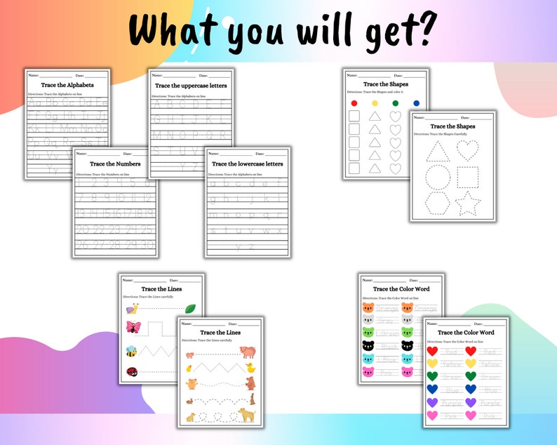 Printable Tracing Worksheet Bundle, Alphabet Number Letter Color Shape ...