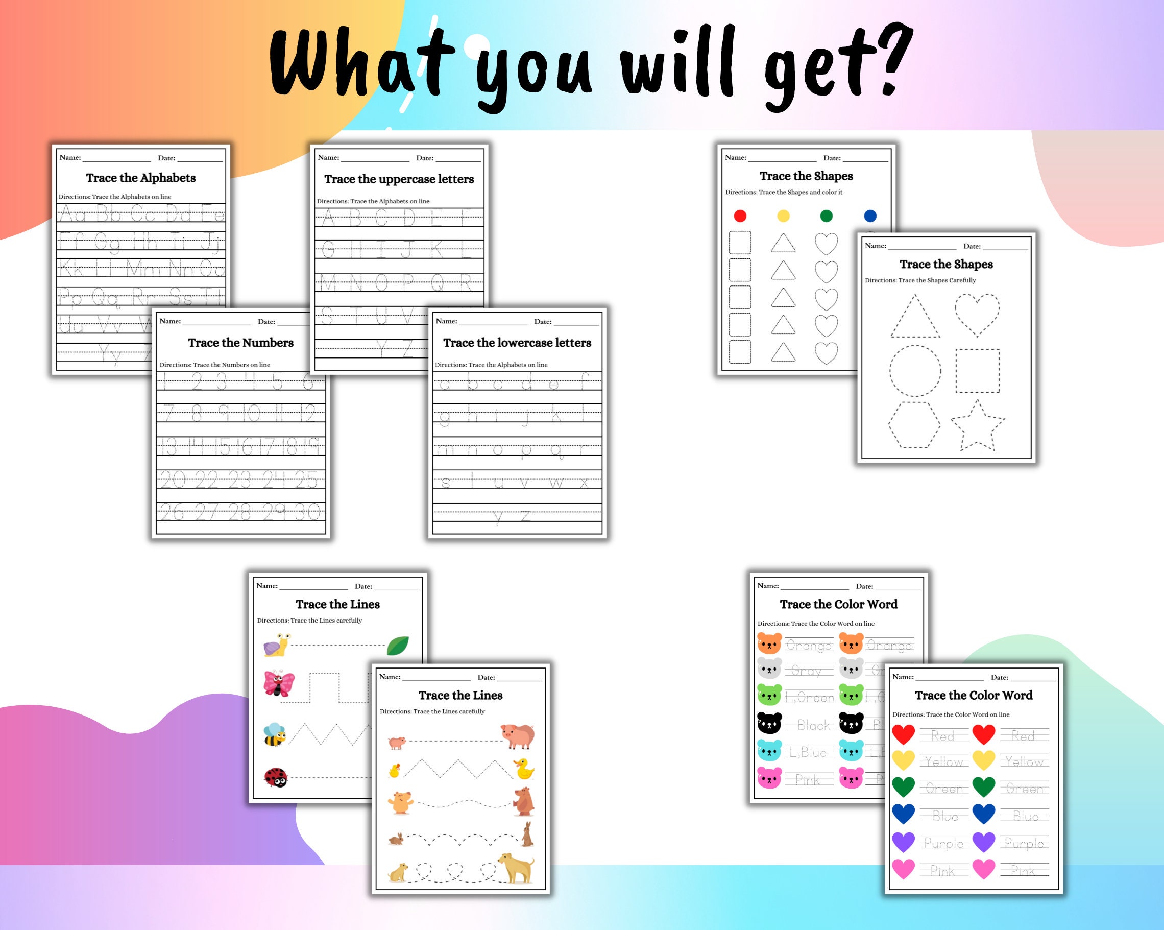 Printable Tracing Worksheet Bundle, Alphabet Number Letter Color Shape ...