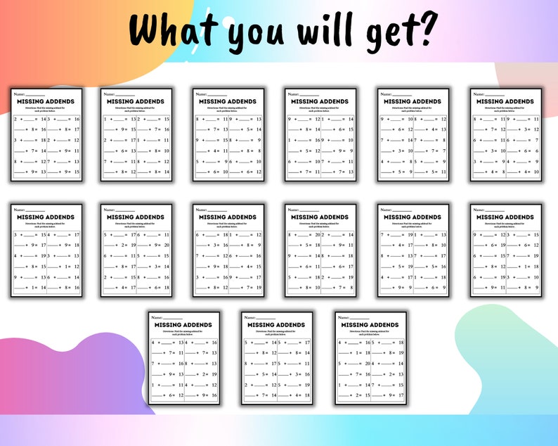 15 Printable Missing Addends Worksheets, for Kindergarten-1st Grade-2nd ...