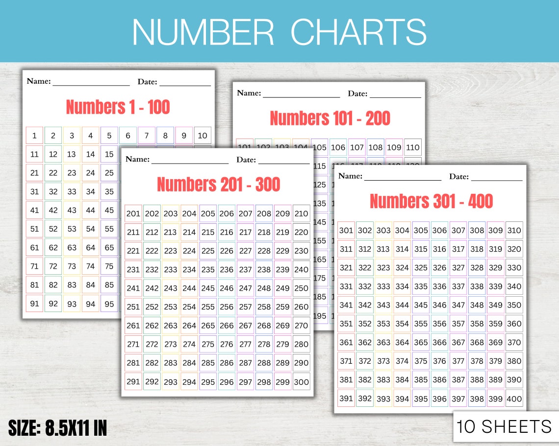 10 Printable Number Charts, Wall Charts, Hundreds Chart, Numbers 1-1000 ...
