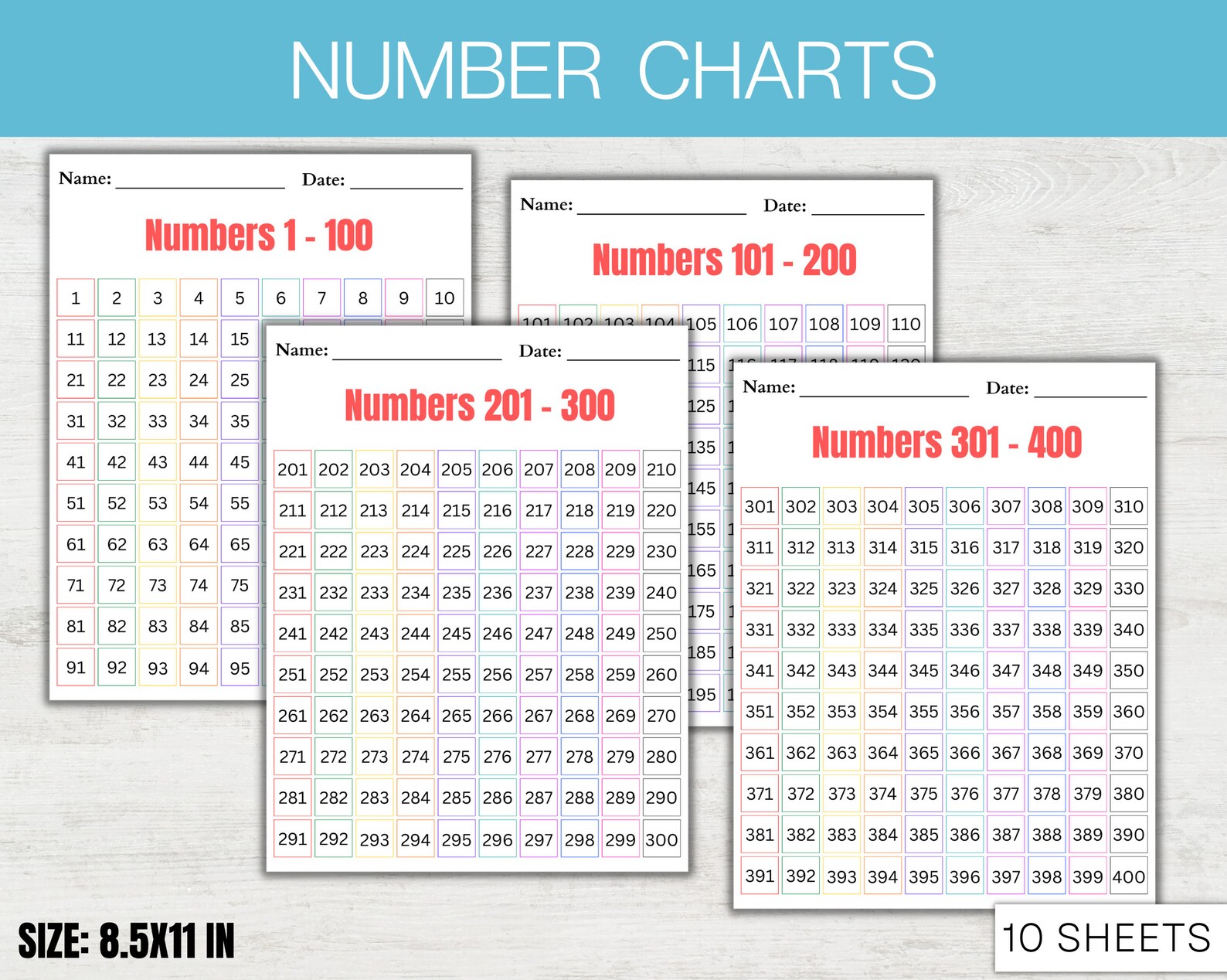 10 Printable Number Charts, Wall Charts, Hundreds Chart, Numbers 1-1000 ...