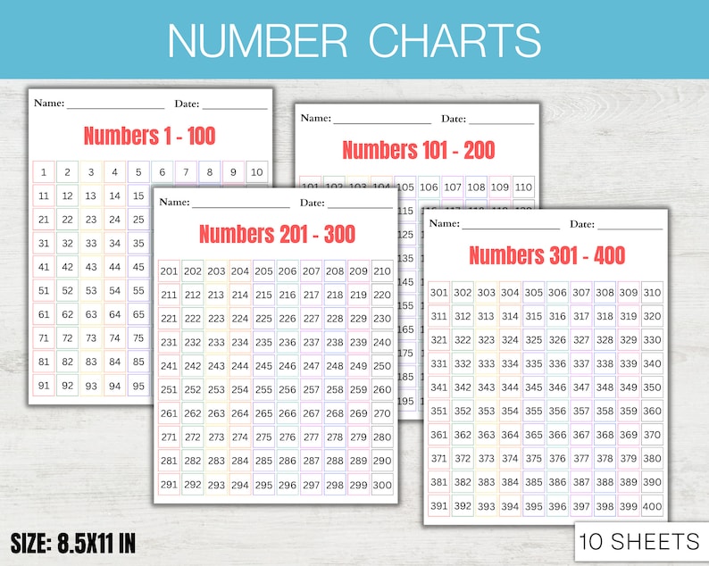 10 Printable Number Charts, Wall Charts, Hundreds Chart, Numbers 1-1000 ...