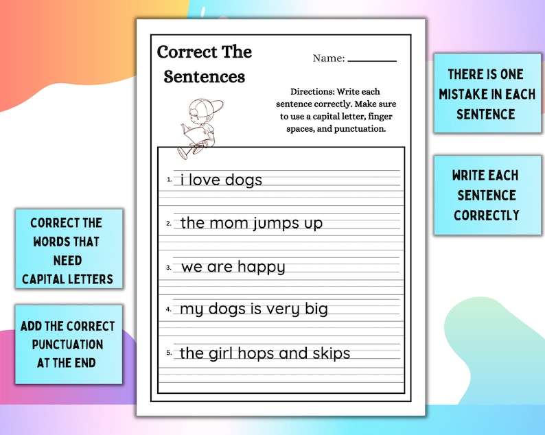10 Printable Correct the Sentences Worksheets, 1st, 2nd Grade ...