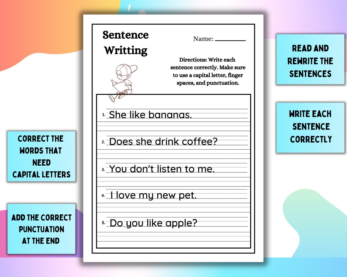 10 Printable Writing Sentences Worksheets, 1st, 2nd Grade, Preschool ...