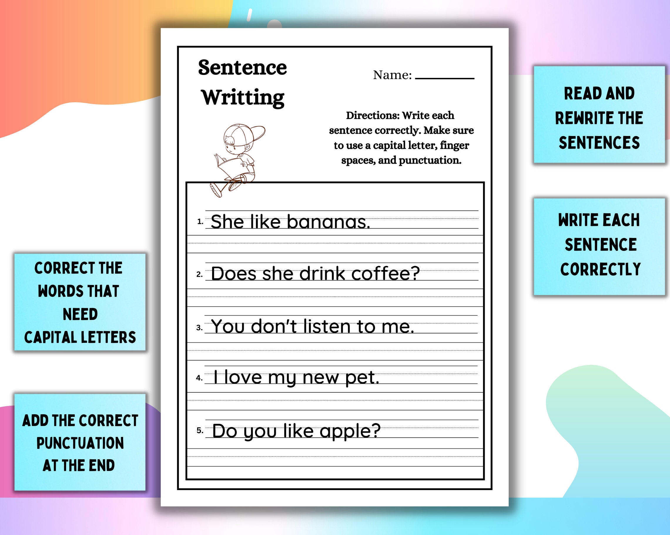 10 Printable Writing Sentences Worksheets, 1st, 2nd Grade, Preschool ...