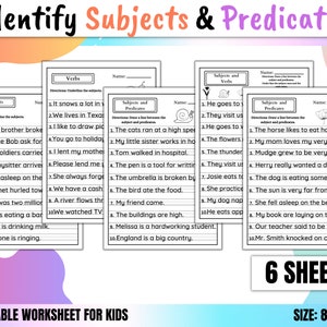 Identify Subject, Predicates, and Verbs in a Sentence Worksheets, 1st ...