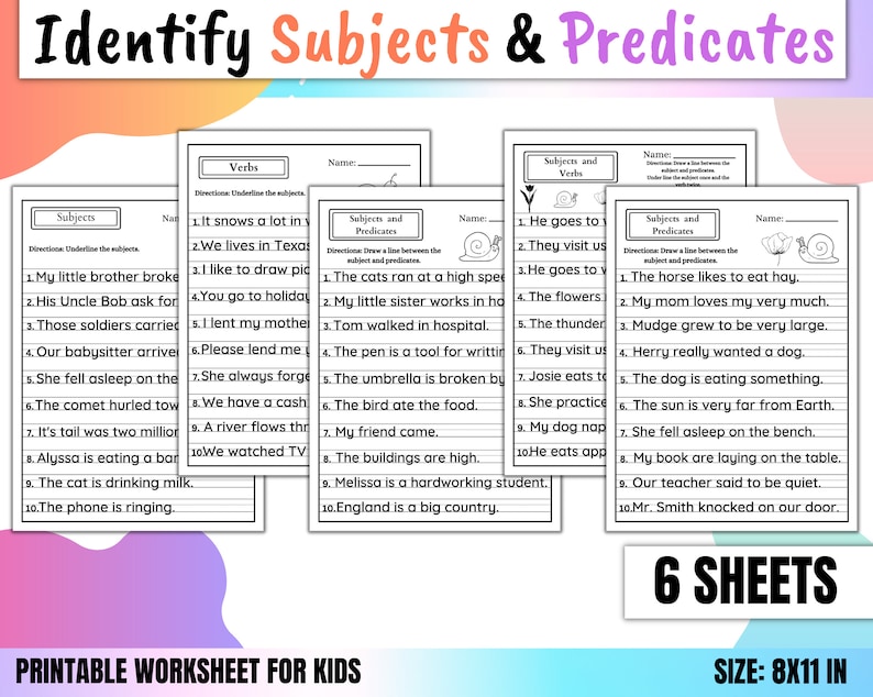 Identify Subject, Predicates, and Verbs in a Sentence Worksheets, 1st ...