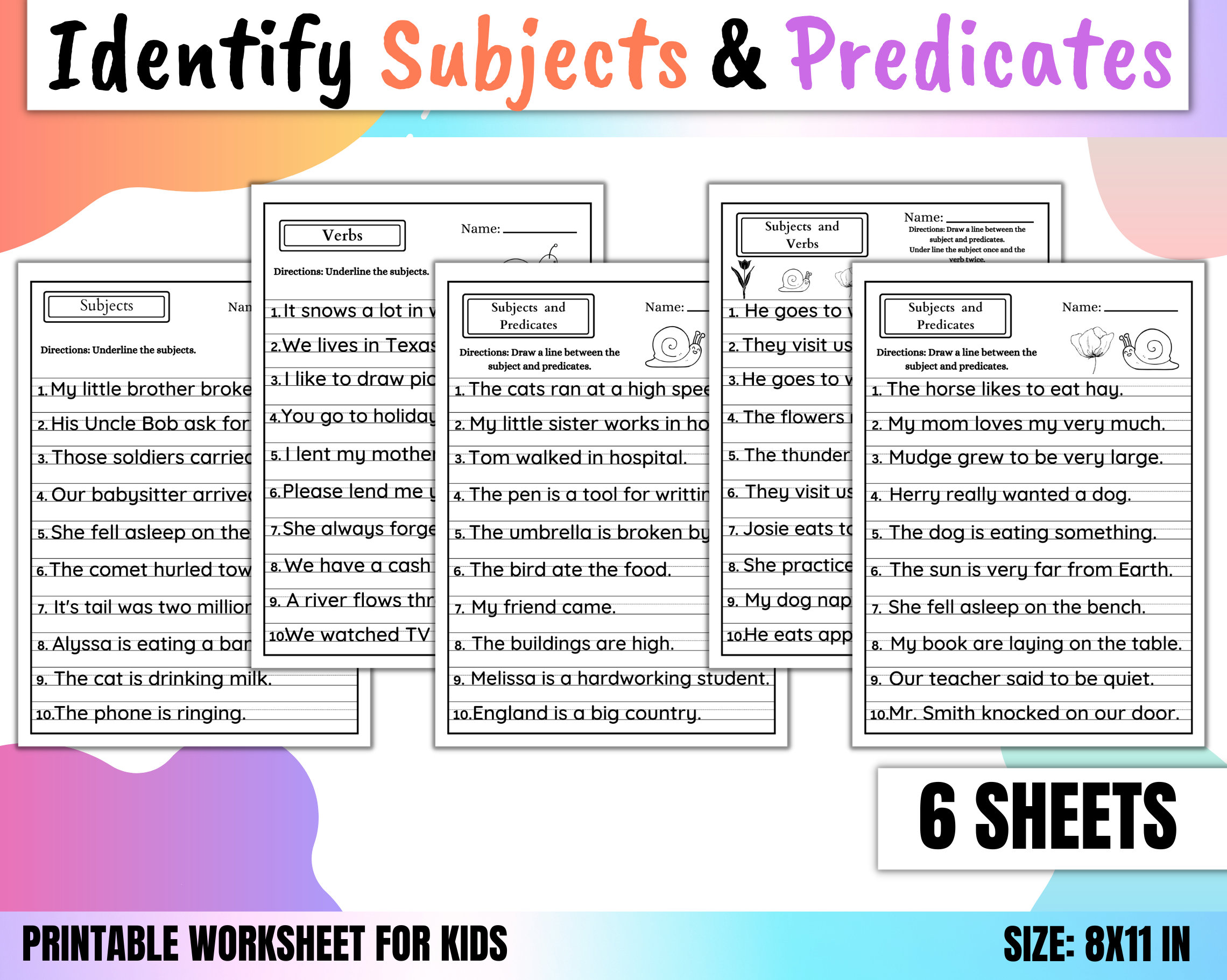 Identify Subject, Predicates, and Verbs in a Sentence Worksheets, 1st ...