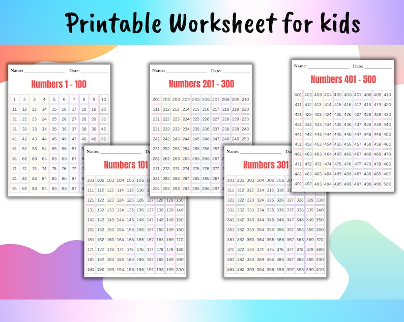 10 Printable Number Charts, Wall Charts, Hundreds Chart, Numbers 1-1000 ...