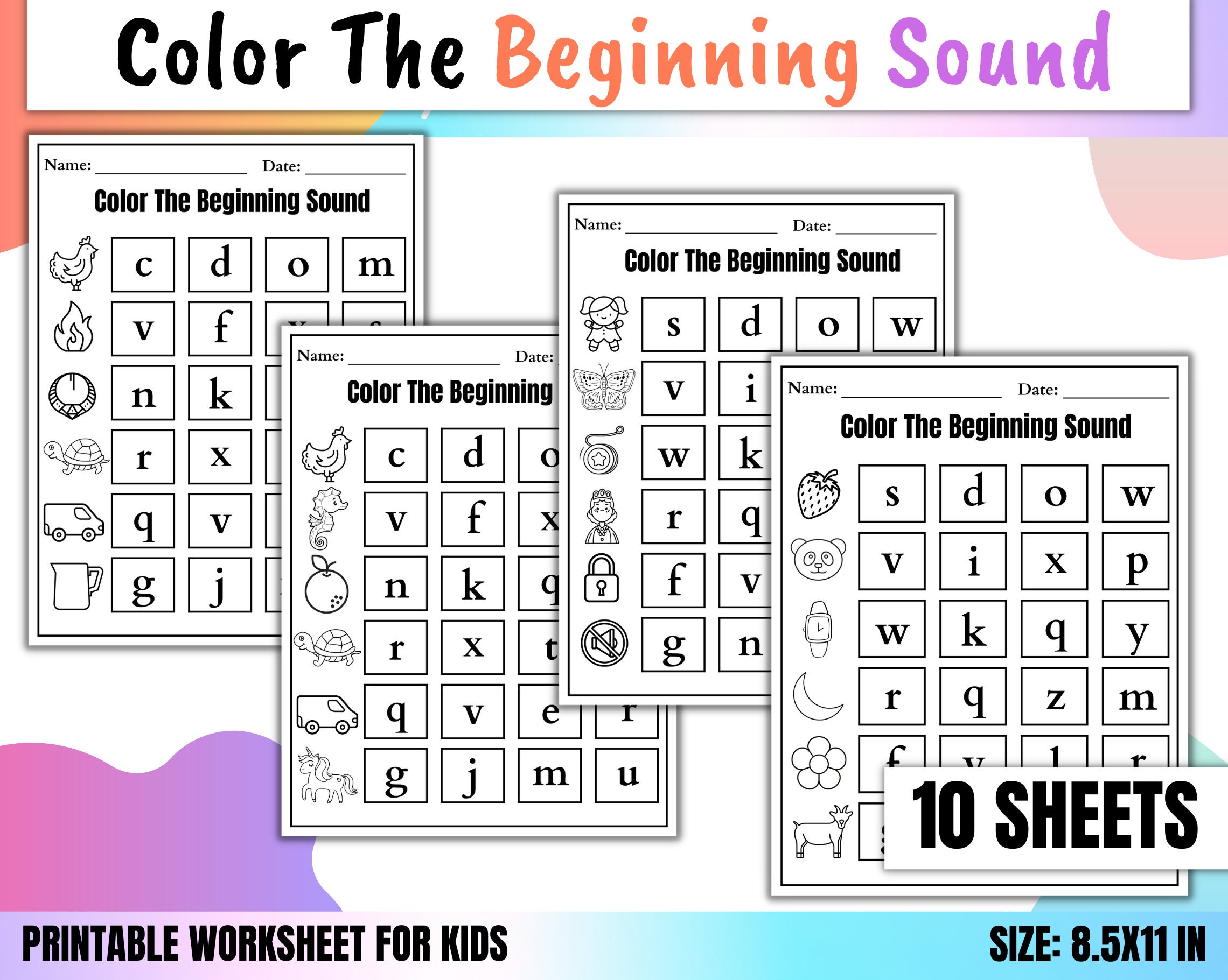 10 Printable Beginning Sounds Worksheets, Initial Sound Practice ...