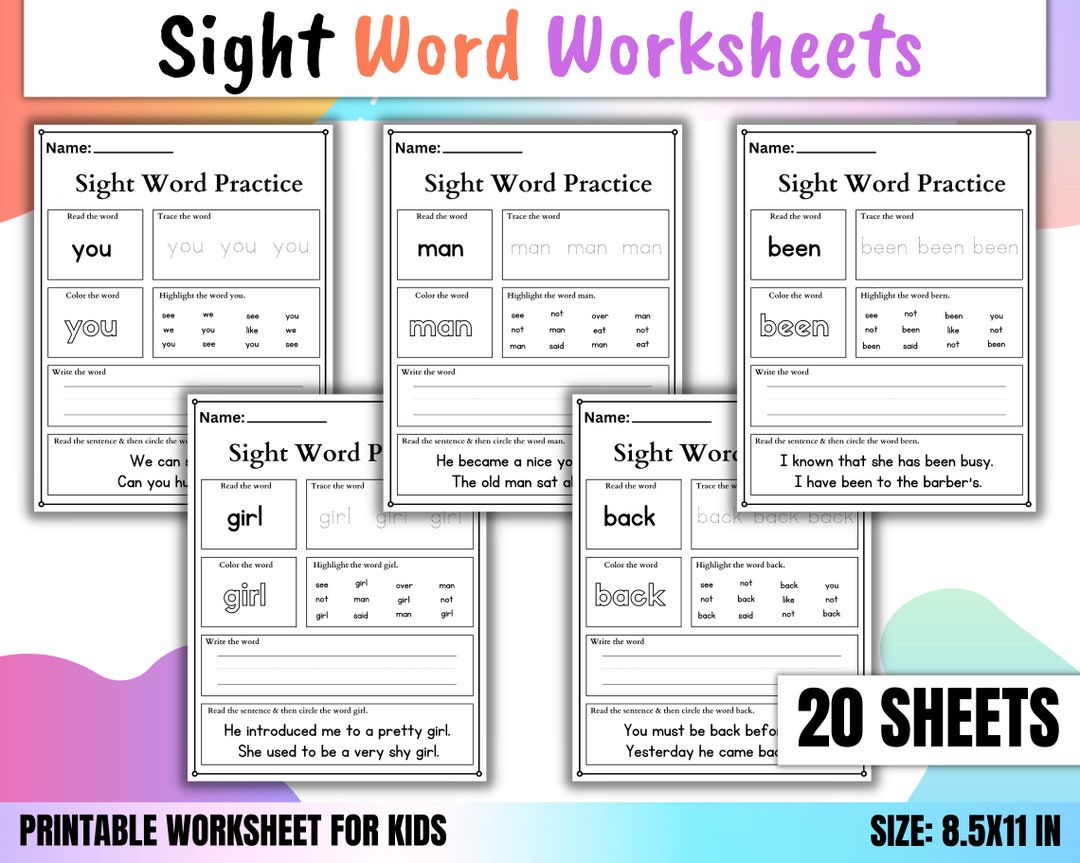 20 Sight Words Worksheets Sight Words Printable Sight Words - Etsy