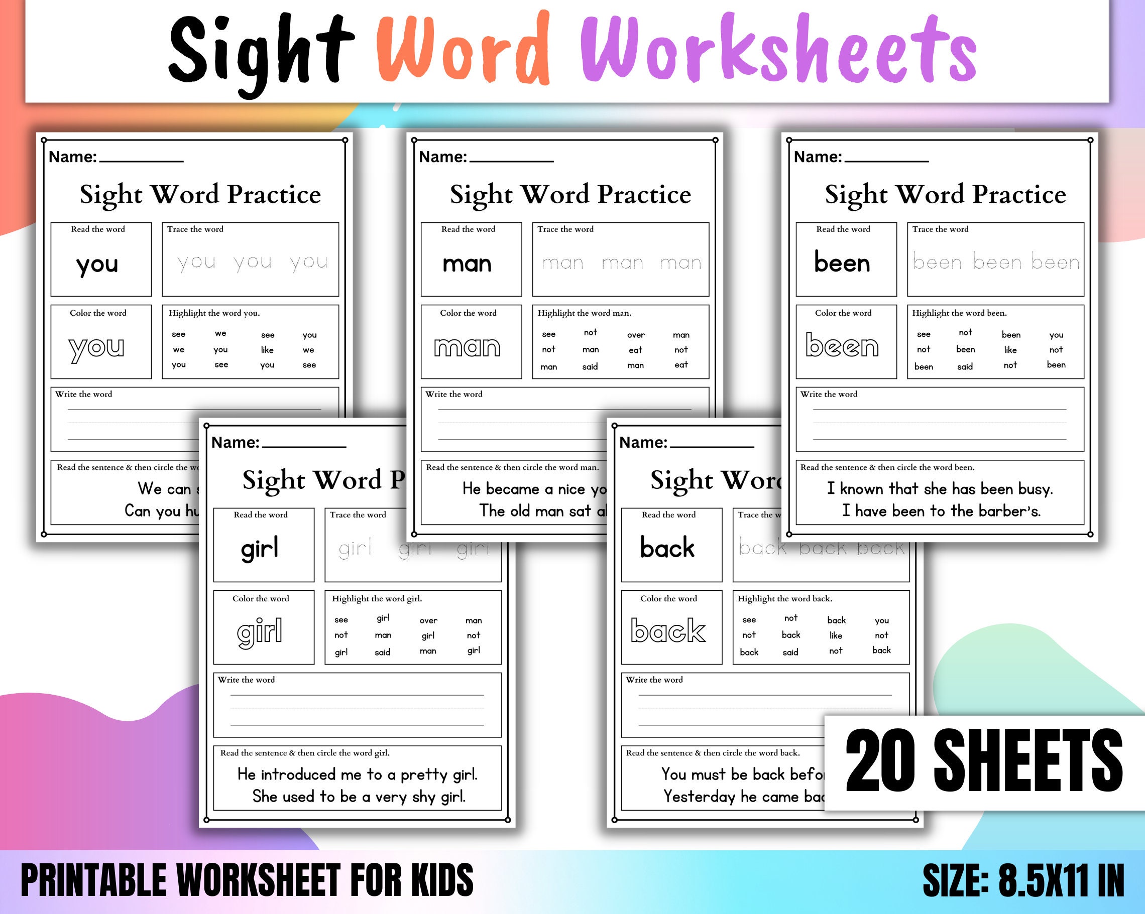 20 Sight Words Worksheets, Sight Words Printable, Sight Words Flash ...