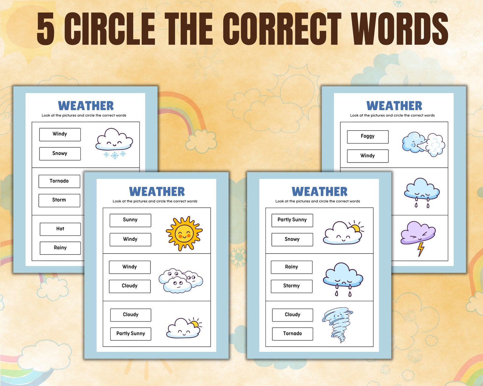 50 Weather Matching Activity Sheets, Preschool Worksheets, Preschool ...