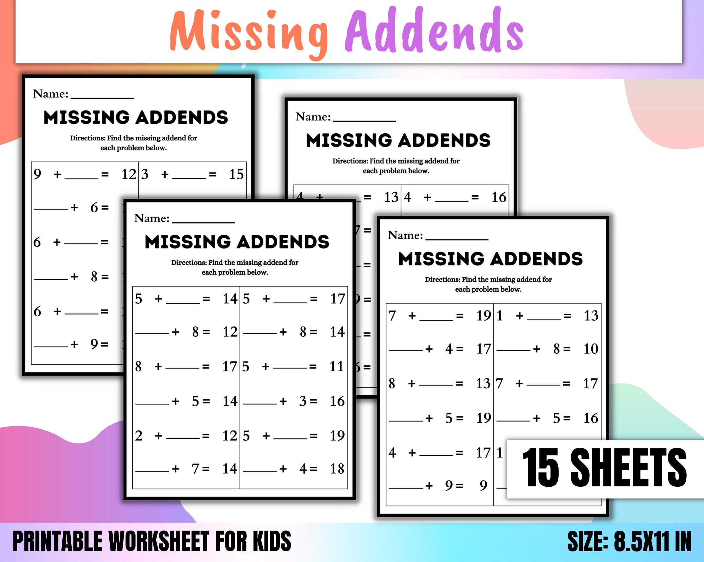 15 Printable Missing Addends Worksheets, for Kindergarten-1st Grade-2nd ...