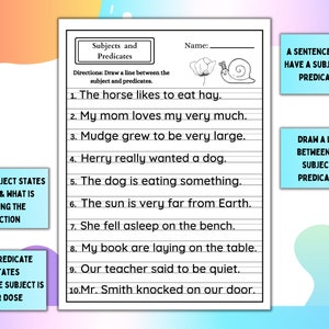 Identify Subject, Predicates, and Verbs in a Sentence Worksheets, 1st ...