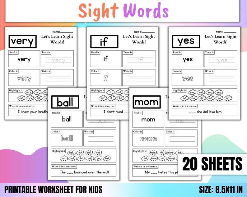 20 Sight Words Worksheets, Sight Words Printable, Sight Words Flash ...