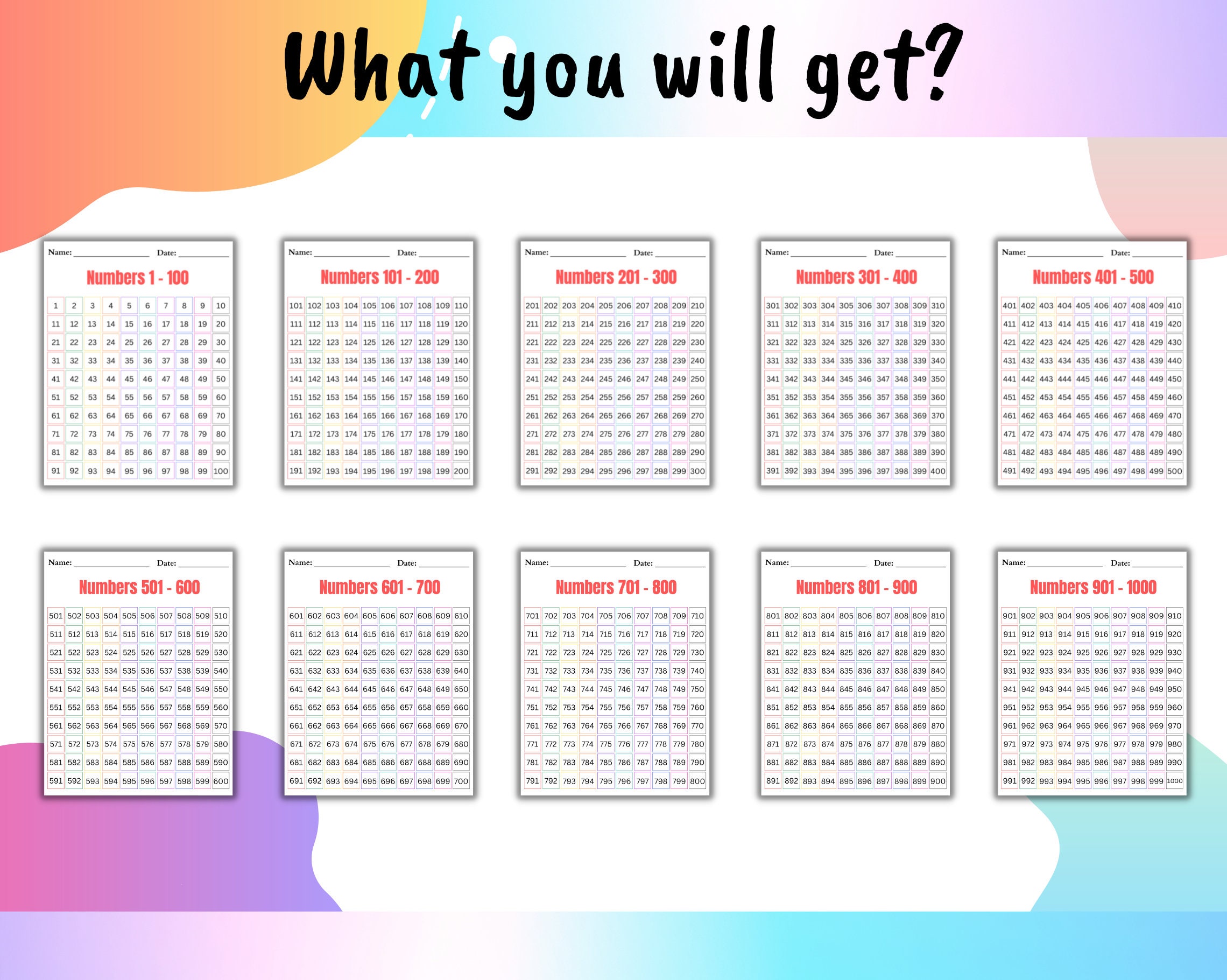 10 Printable Number Charts, Wall Charts, Hundreds Chart, Numbers 1-1000 ...