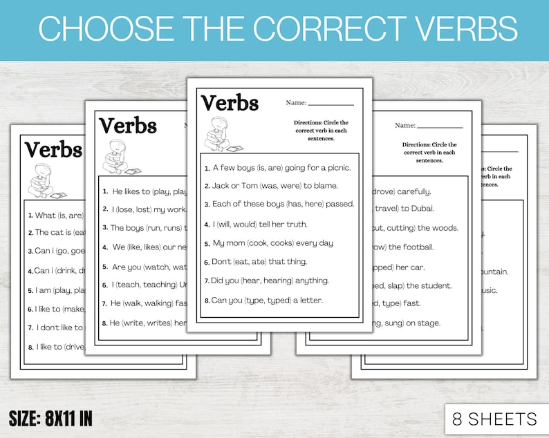 8 Printable Choose the Correct Verb Worksheets. Preschool, Kindergarten ...