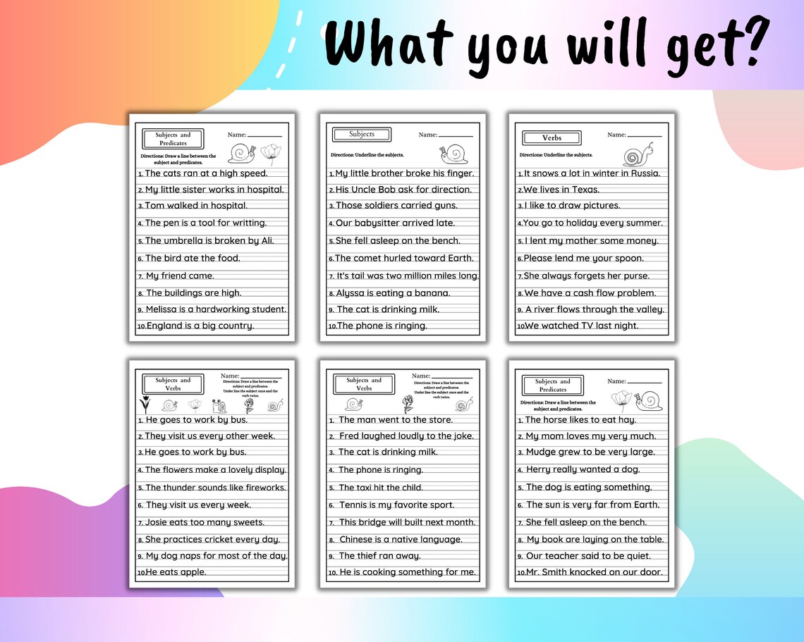 Identify Subject, Predicates, and Verbs in a Sentence Worksheets, 1st ...
