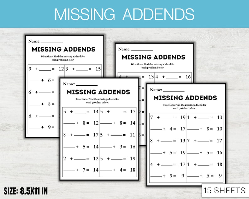 15 Printable Missing Addends Worksheets, for Kindergarten-1st Grade-2nd ...