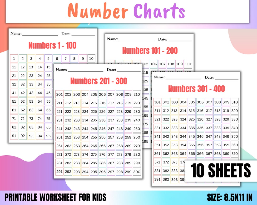 10 Printable Number Charts, Wall Charts, Hundreds Chart, Numbers 1-1000 ...