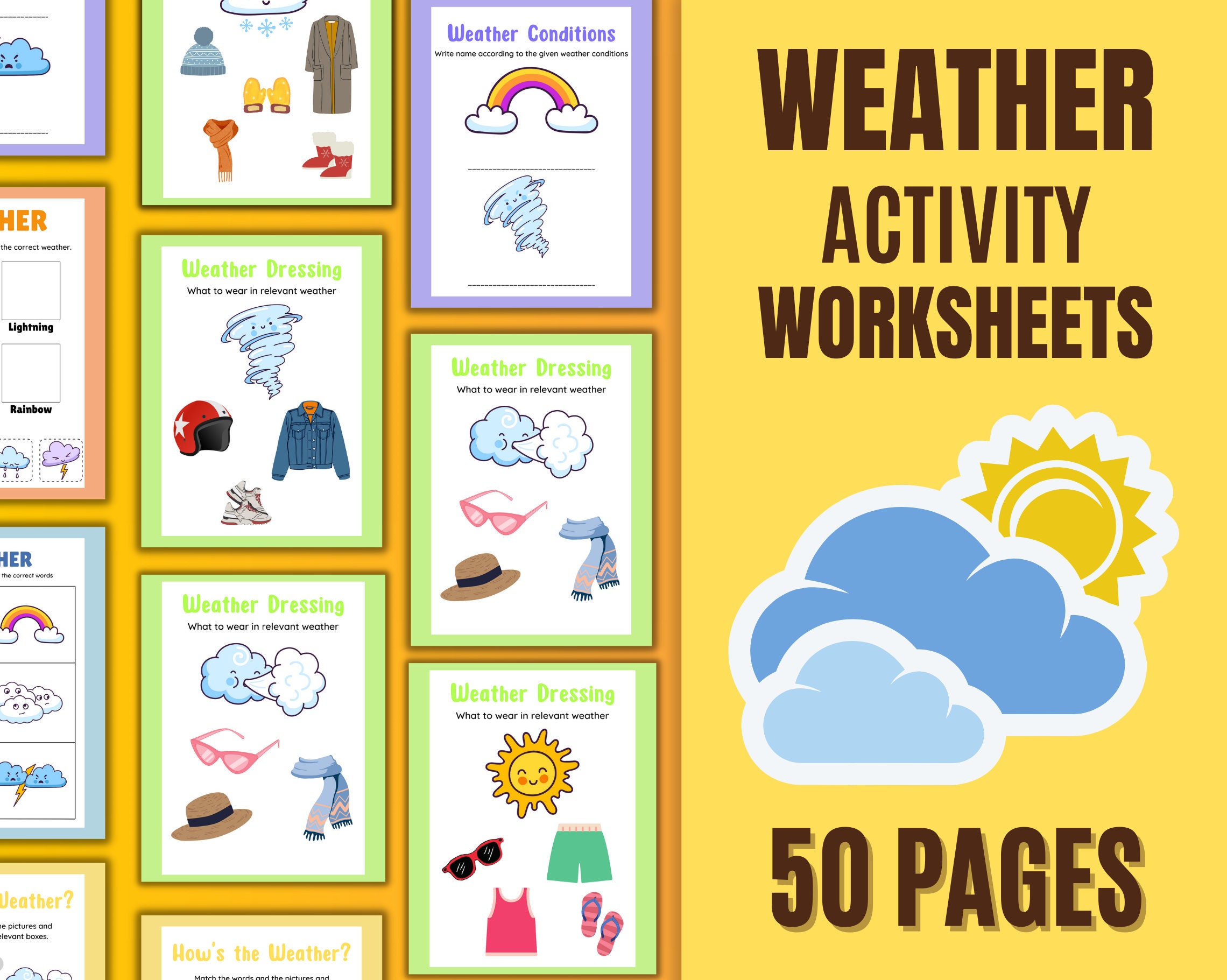 50 Weather Matching Activity Sheets, Preschool Worksheets, Preschool ...