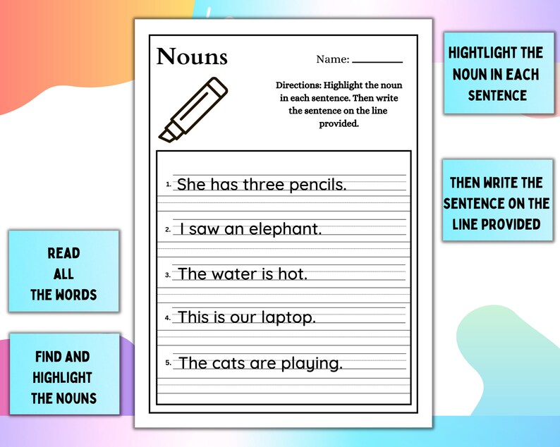 10 Printable Highlight the Nouns Worksheets, 1st, 2nd Grade, Preschool ...