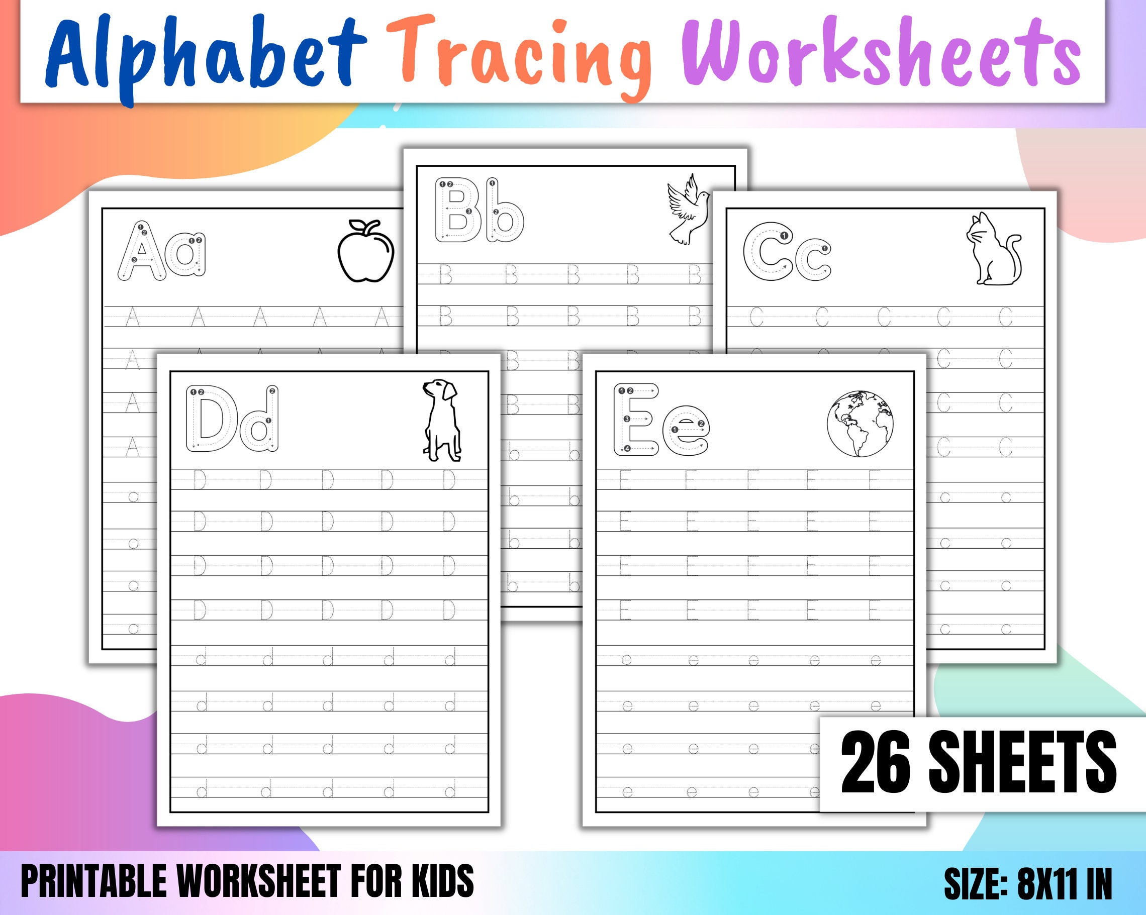 Alphabet Tracing Worksheets, 26 Printable Uppercase Lowercase Alphabet ...