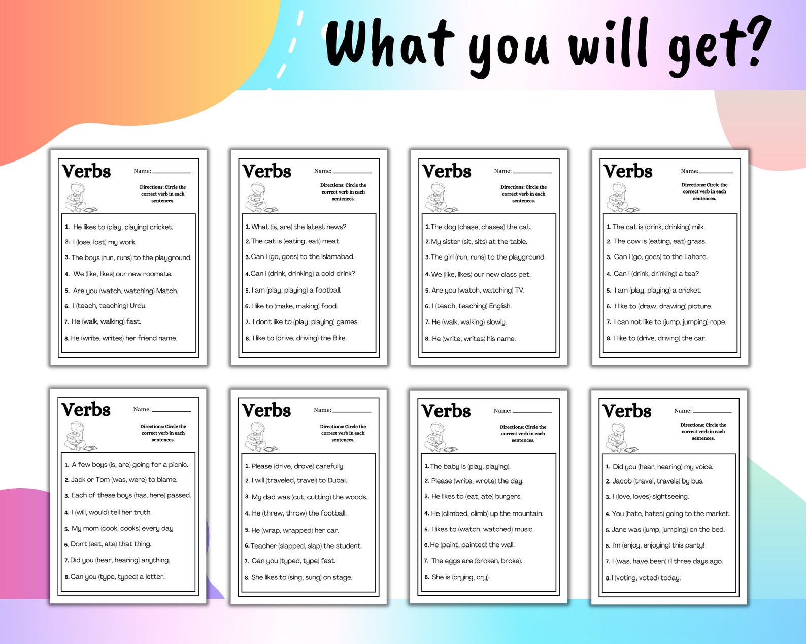 8 Printable Choose the Correct Verb Worksheets. Preschool, Kindergarten ...