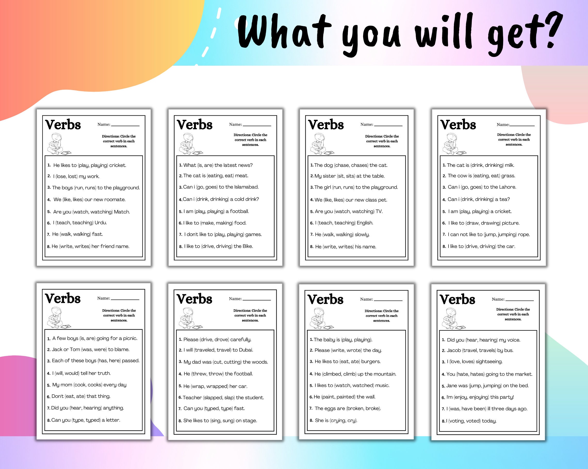 8 Printable Choose the Correct Verb Worksheets. Preschool, Kindergarten ...