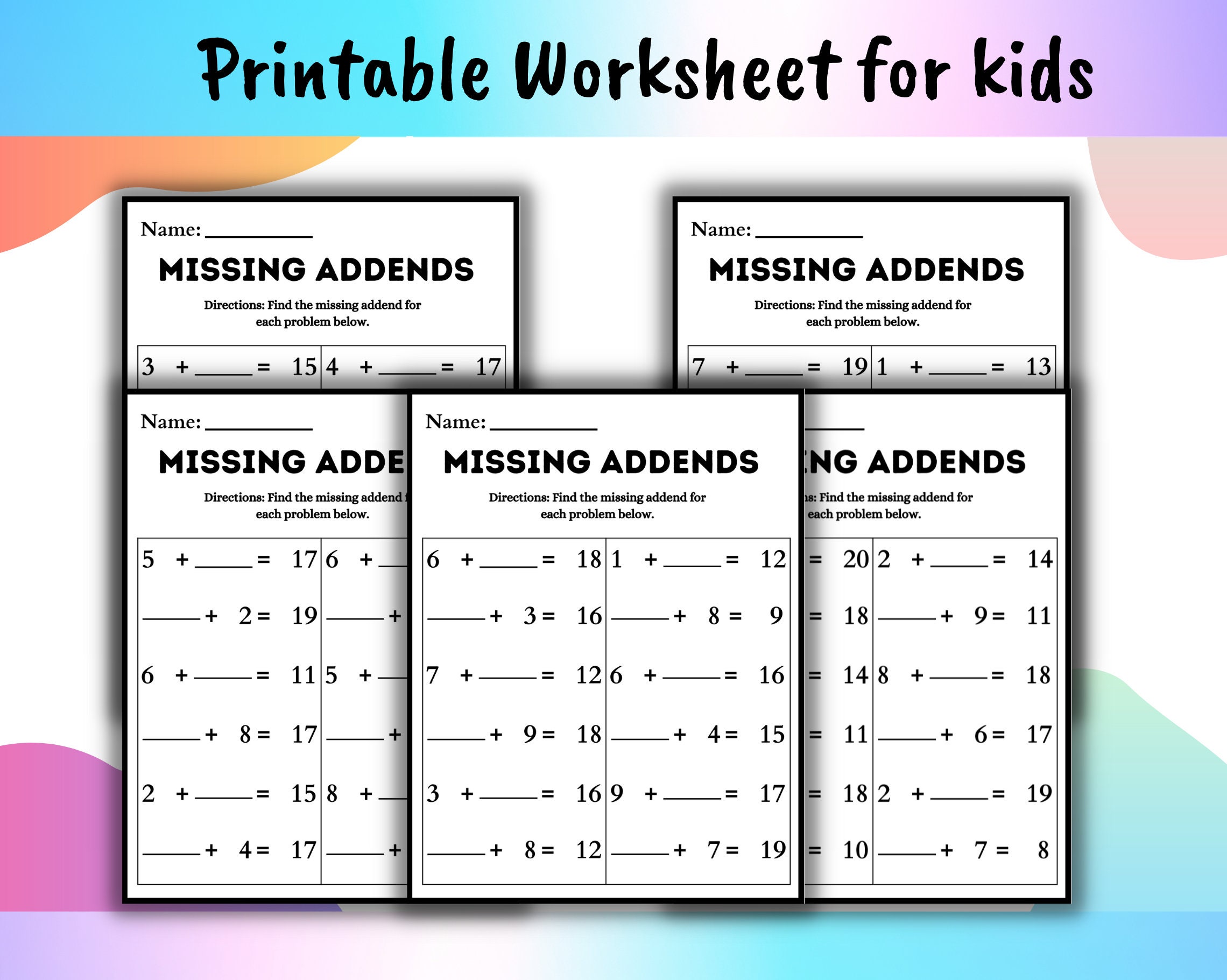 15 Printable Missing Addends Worksheets, for Kindergarten-1st Grade-2nd ...